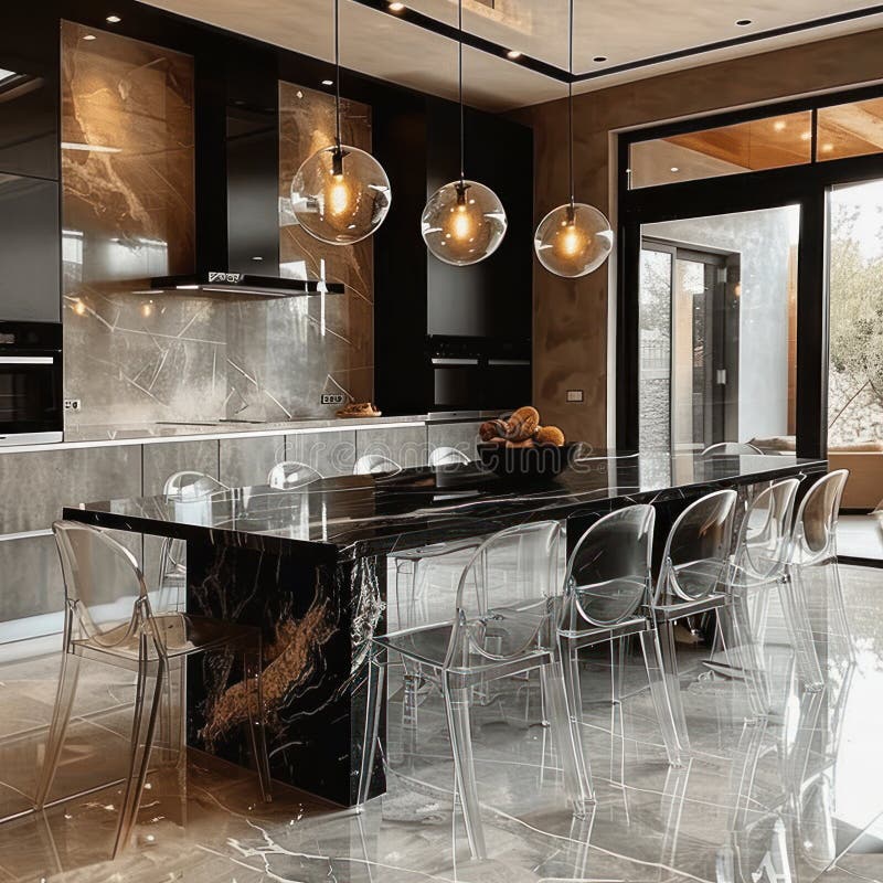 Modern Kitchen Interior Design with Black Marble Table and Transparent ...