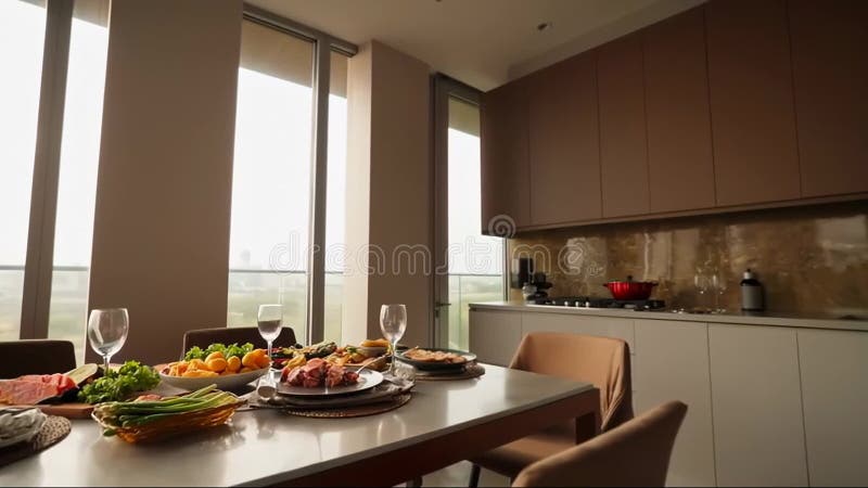 Modern Kitchen Interior Design with Dining Table and Food Display Stock ...