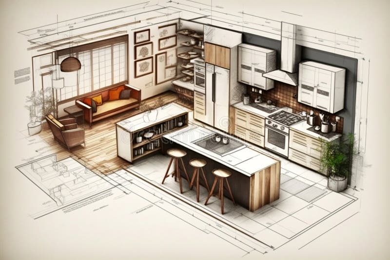 Modern Kitchen Interior Design Drawing with Furniture Layout Plans. AI ...