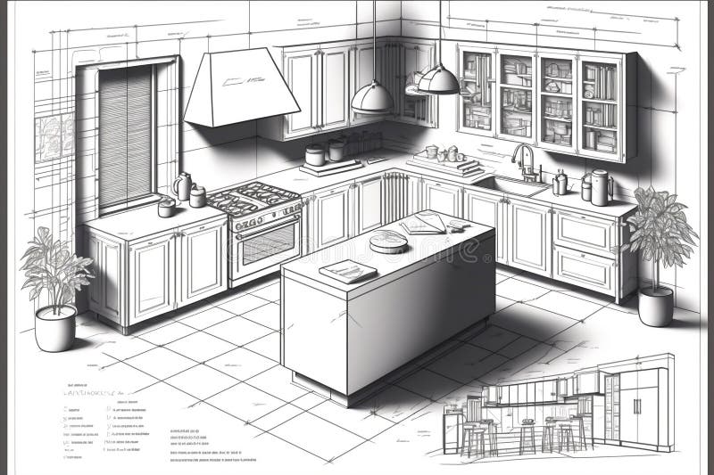 Modern Kitchen Interior Design Drawing with Furniture Layout Plans. AI ...