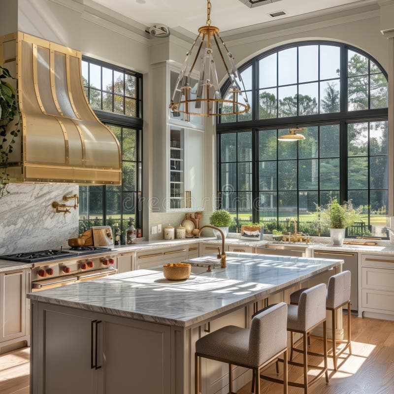 Modern Kitchen Interior Design with Large Windows and Gold Accents ...