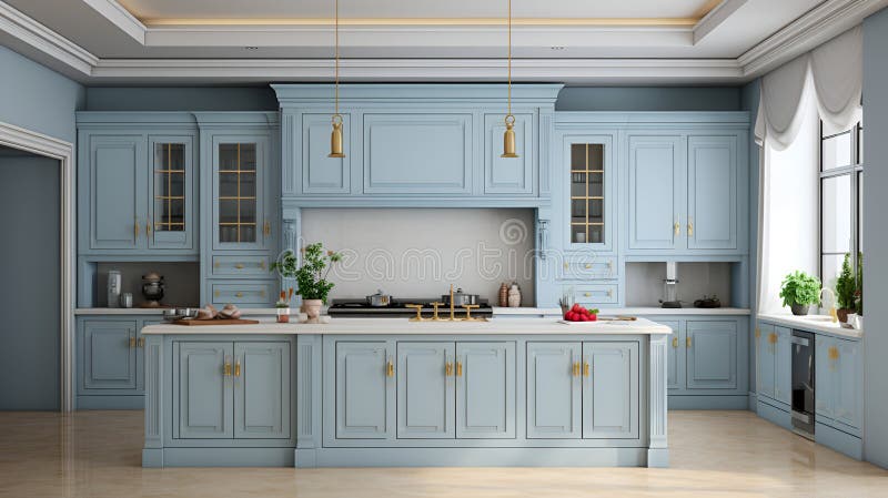 Modern Kitchen Interior Design in Pastel Blue Stock Illustration ...