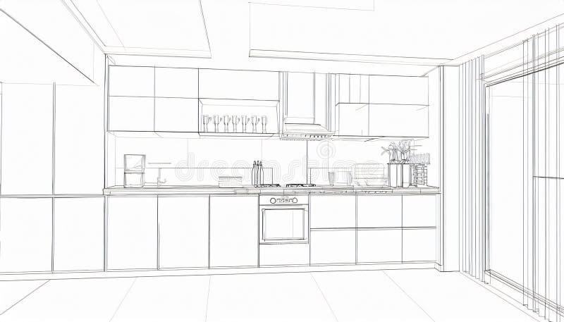Modern Kitchen Interior Design Sketch with Kitchenware Displayed on ...