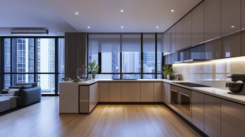 Modern Kitchen Interior Design with Sleek Cabinets and City View Stock ...