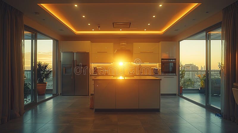 Modern Kitchen Interior Design with Sunset View Stock Illustration ...