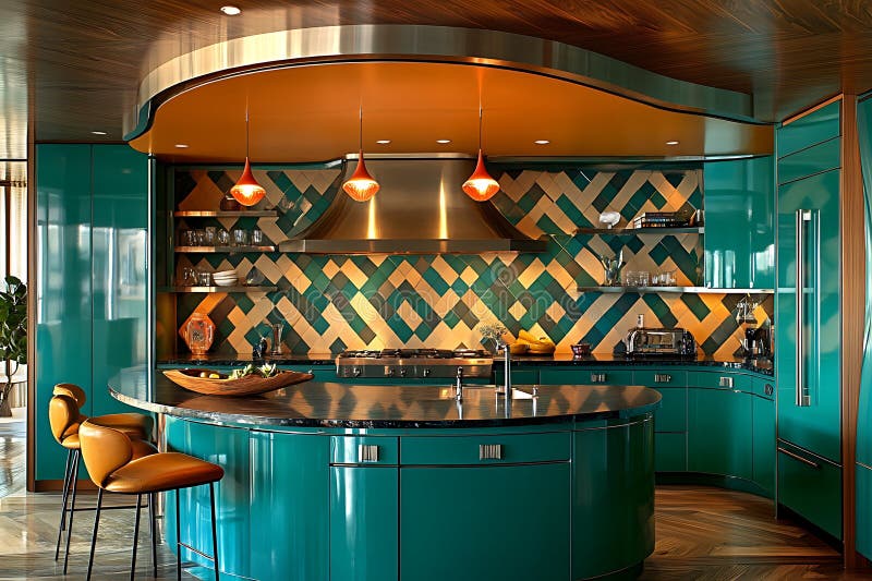 Modern Kitchen Interior Design with Teal Cabinets Curved Island and ...