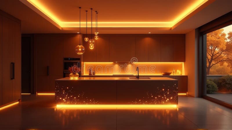 Modern Kitchen Interior Design with Warm Lighting and Autumn View Stock ...