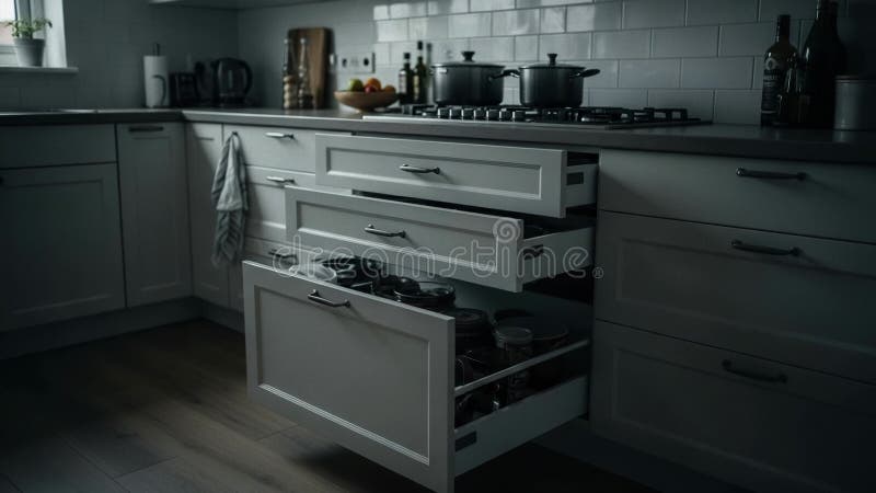 Modern Kitchen Interior Design: White Cabinets and Open Drawers Stock ...