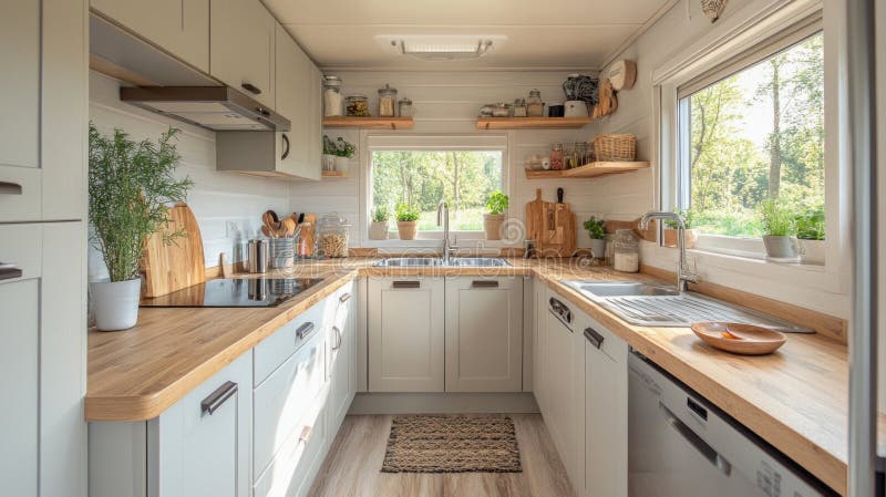 Modern Kitchen Interior Design with Wooden Countertop and White ...