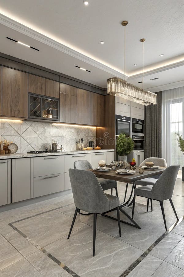 Modern Kitchen Interior with Dining Table and Chairs 3D Render Stock ...