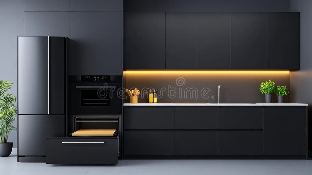 Modern Kitchen Interior with Drawer and Cooking Zone Featuring Table ...