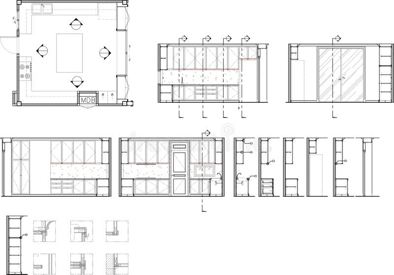 Modern Kitchen Interior Drawing 2D Layout, Section & Detail Vector ...