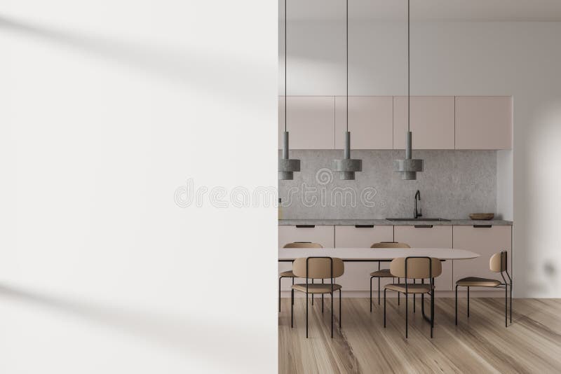 Modern Kitchen Interior with Eating Table and Kitchenware. Mockup Wall ...