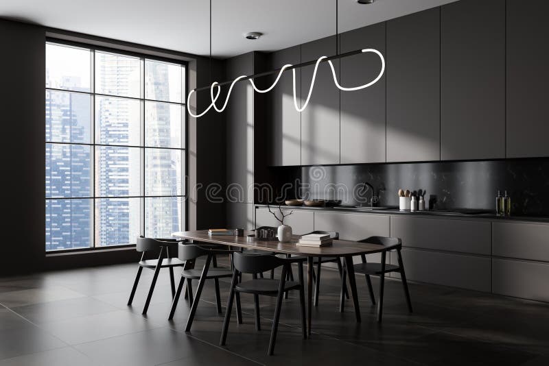 Modern Kitchen Interior with Eating Table and Seats on Tile Concrete ...