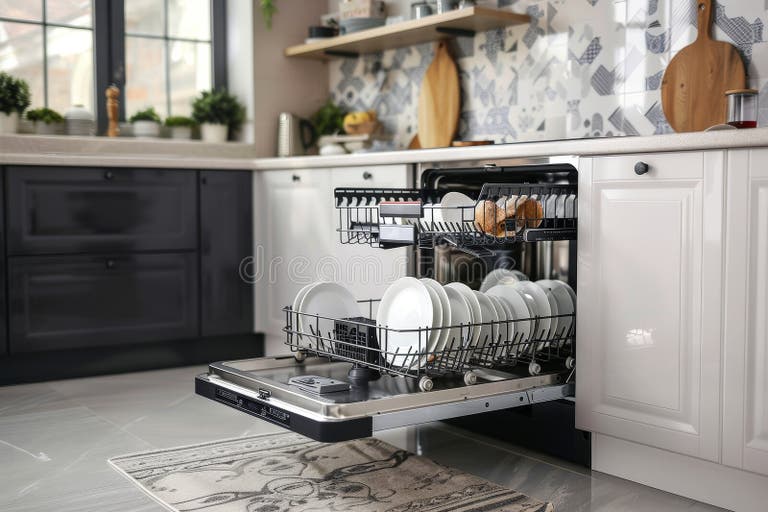 Modern Kitchen Interior with Electronic Dishwasher and Stack of Used ...