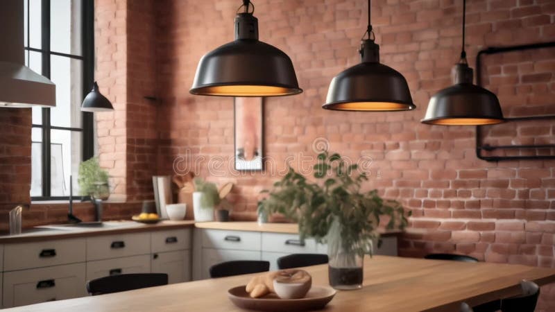 Modern Kitchen Interior with Exposed Brick Wall Featuring Stylish ...
