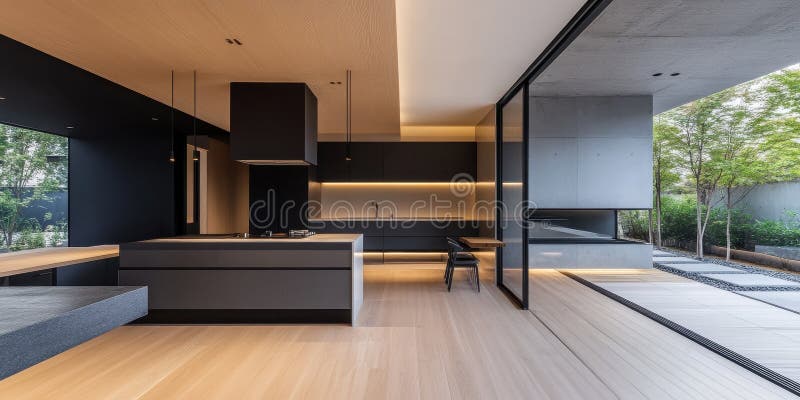 A Modern Kitchen Interior Features a Minimalist and Open Design Stock ...