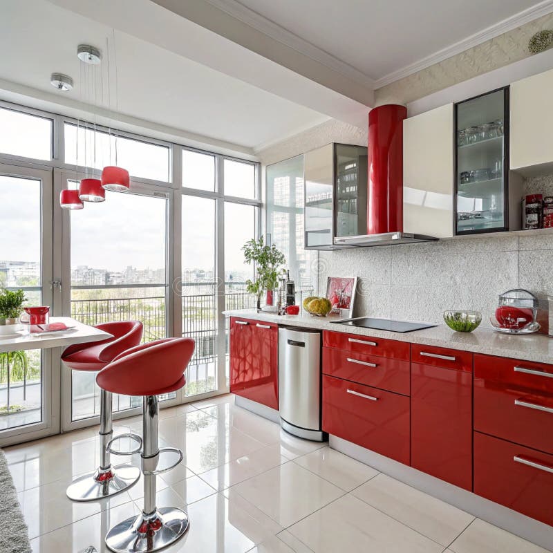 Modern Kitchen Interior with Red Decoration Stock Illustration ...