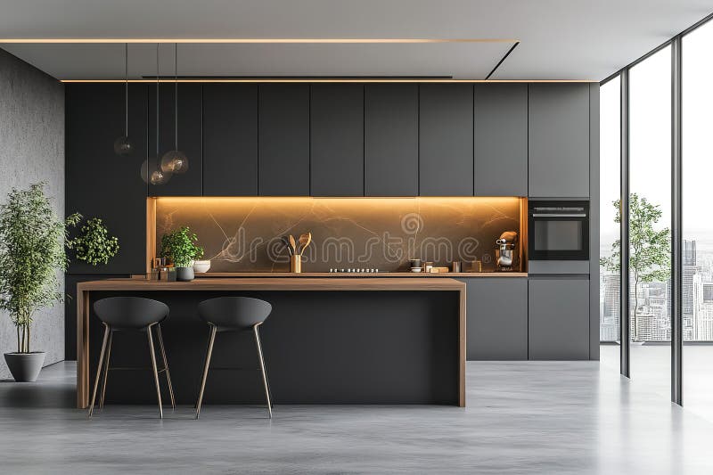 Modern Kitchen Interior Featuring Sleek Design Elements and City View ...