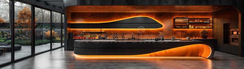 Modern Kitchen Interior Featuring Sleek Design with Orange LED Lighting ...