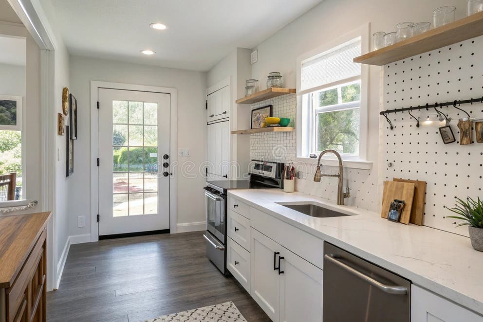 Interior of Modern Kitchen with White Counters and Peg Boards Stock ...