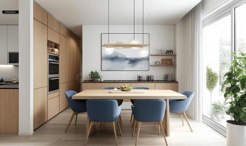 Modern Kitchen Interior Featuring Wooden Cabinetry, Spacious Dining ...