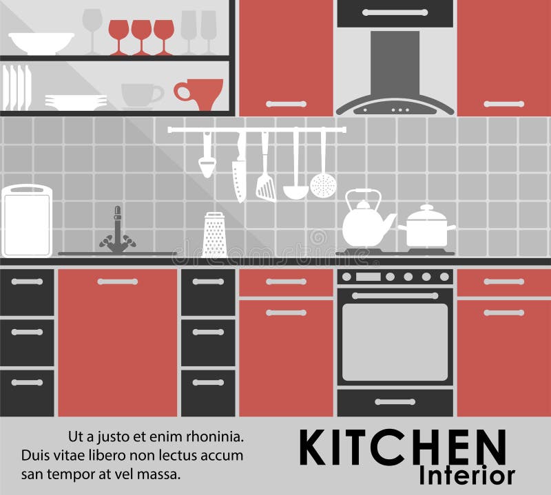 Modern Kitchen Interior in Flat Style Stock Vector - Illustration of ...