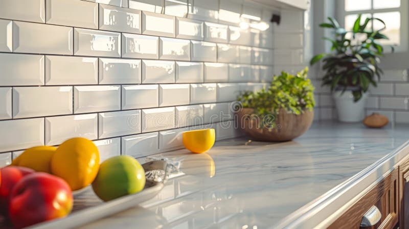 Modern Kitchen Interior with Fruits on Counter Stock Image - Image of ...