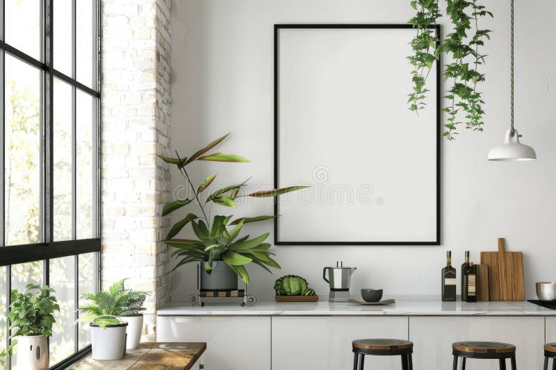 Modern Kitchen Interior with Green Plants and Blank Frame Stock Image ...
