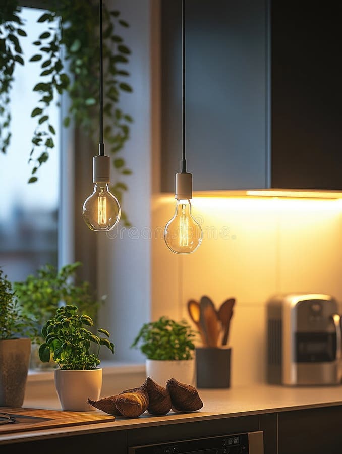 Modern Kitchen Interior with Hanging Light Bulbs and Plants Stock Image ...