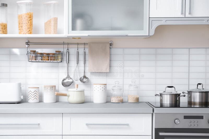 Modern Kitchen Interior with Houseware and Furniture Stock Photo ...