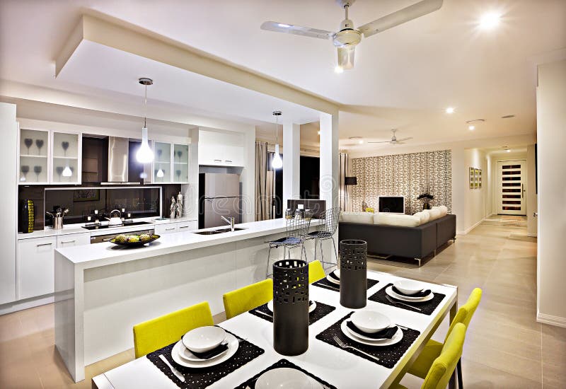 Modern Kitchen Interior Illuminated with Lights at Night Stock Photo ...