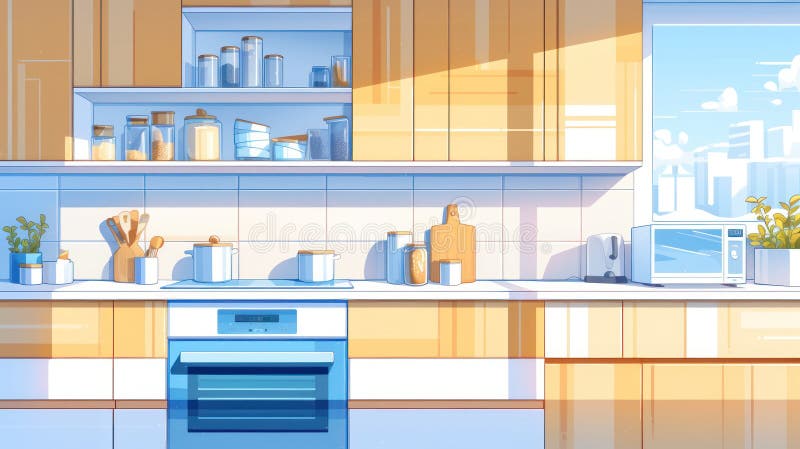 Modern Kitchen Interior Illustration with Sunlight and City View Stock ...