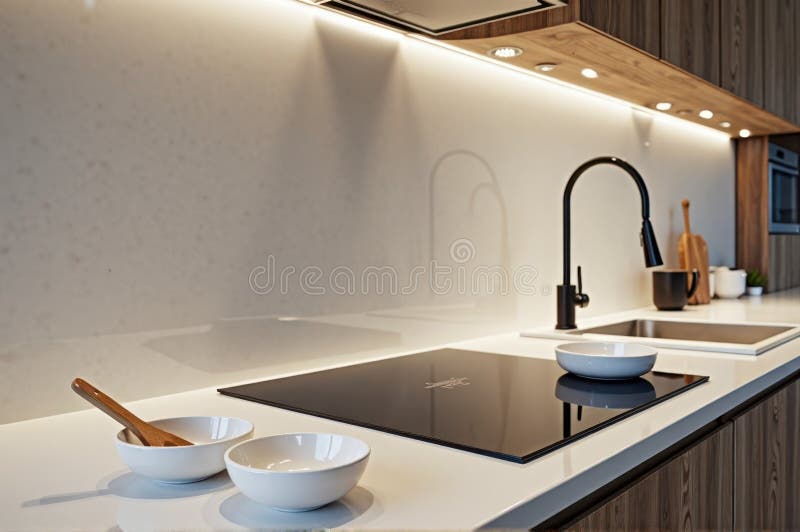 Modern Kitchen Interior with Induction Cooktop and Wooden Accents in ...