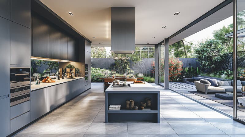 Modern Kitchen Interior with Integrated Living Space Design Overlooking ...