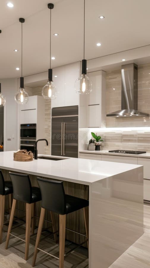 Modern Kitchen Interior with Island and Pendant Lights, Contemporary ...