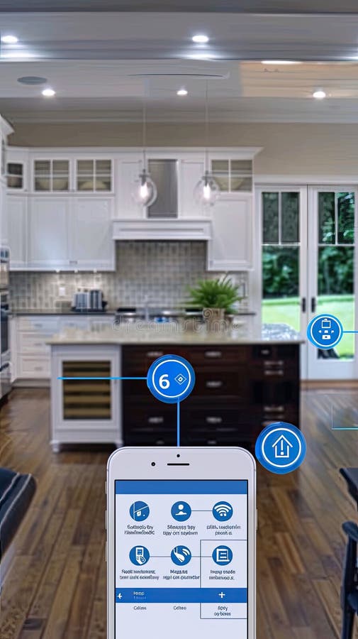 A Modern Kitchen Interior with a Large Island and a Smartphone ...