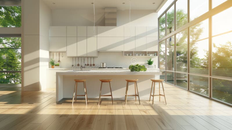 Modern Kitchen Interior with Large Windows and Natural Light Stock ...