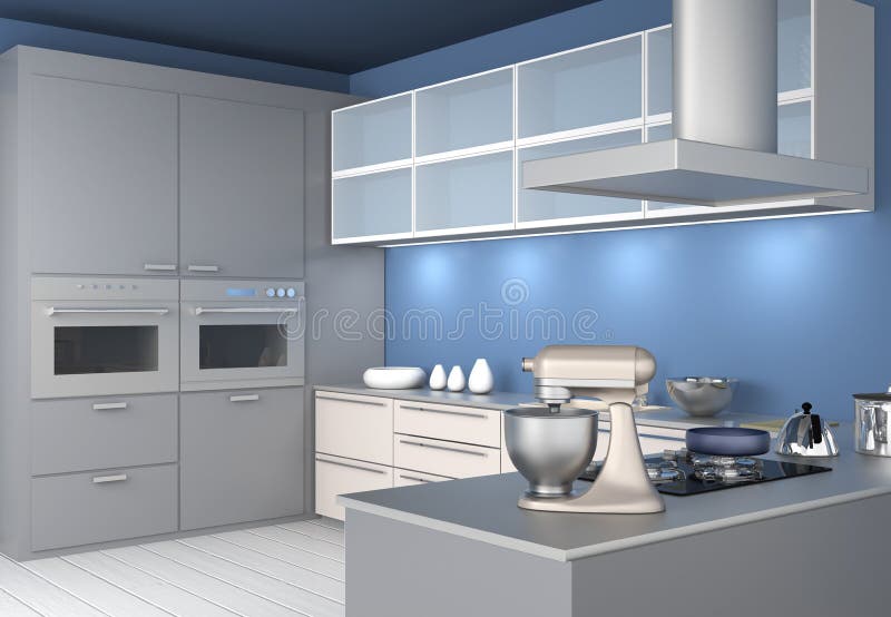 Modern Kitchen Interior with Light Blue Wallpaper Stock Illustration ...