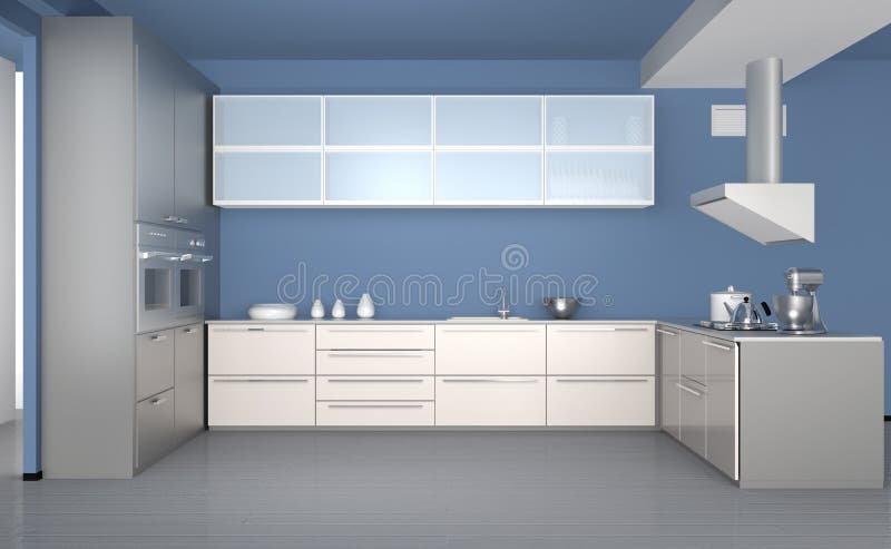 Modern Kitchen Interior with Light Blue Wallpaper Stock Illustration ...