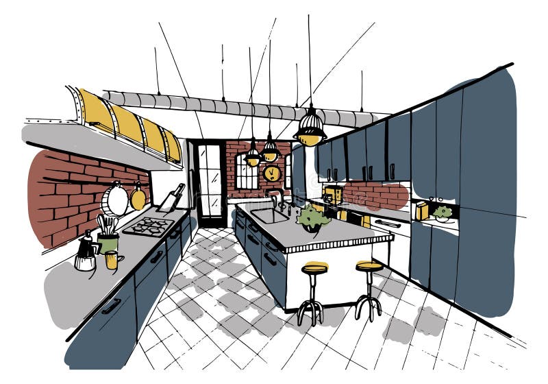 Modern Kitchen Interior in Loft Style. Hand Drawn Colorful Illustration ...