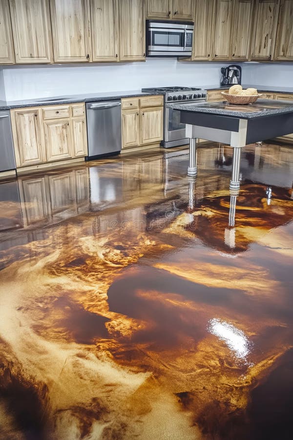 Modern Kitchen Interior with Luxurious Metallic Epoxy Resin Floor ...
