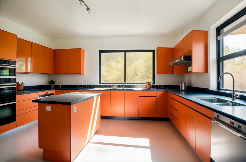 Modern Kitchen Interior Made of Wood with Sunlight through the Windows ...