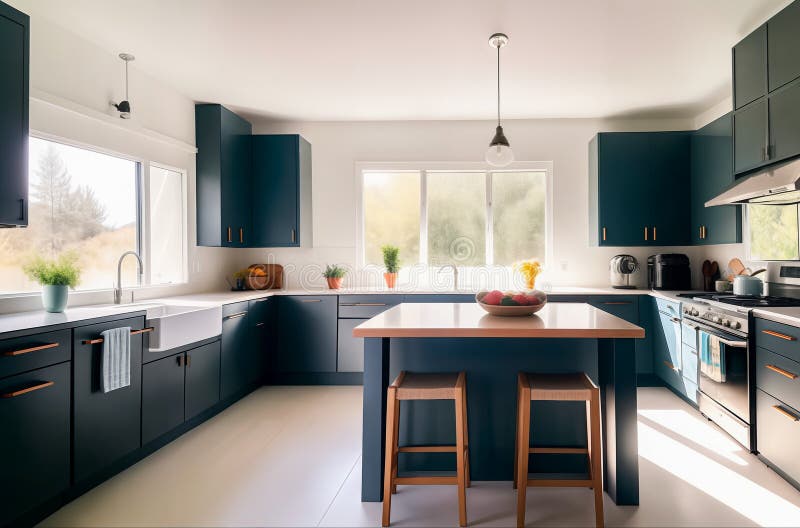 Modern Kitchen Interior Made of Wood with Sunlight through the Windows ...