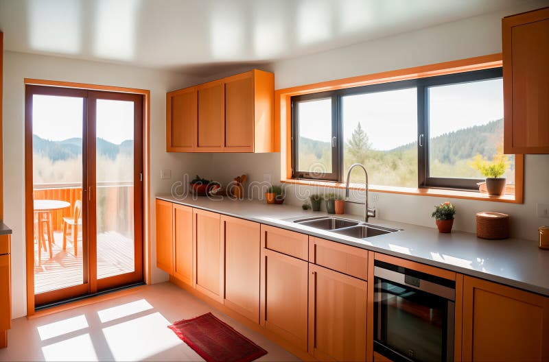 Modern Kitchen Interior Made of Wood with Sunlight through the Windows ...