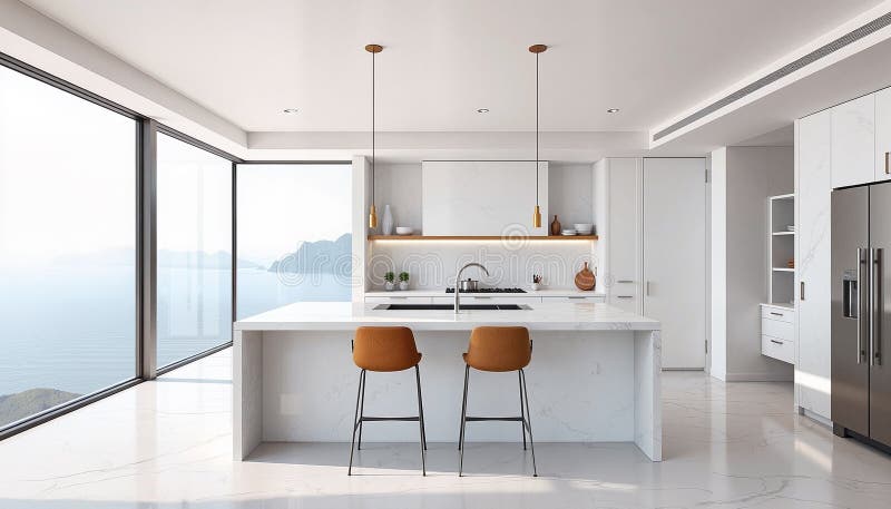 Modern Kitchen Interior with Marble Island, Ocean View, and Stylish Bar Stools Showcasing ...