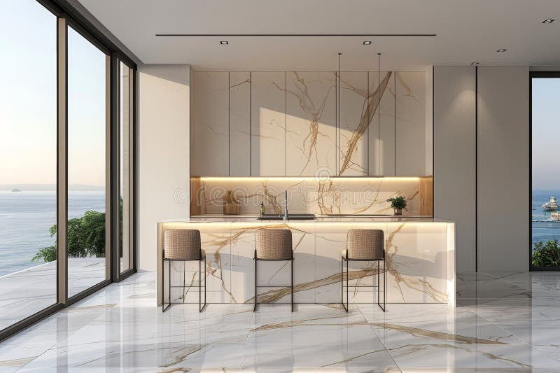 Modern Kitchen Interior with a Marble Island and Stools, Overlooking ...
