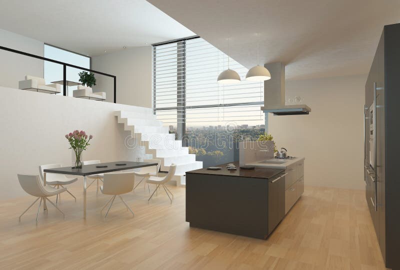 Modern Kitchen Interior with a Mezzanine Stock Illustration ...