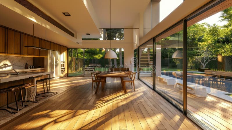 Modern Kitchen Interior with Natural Light and Pool View Stock ...