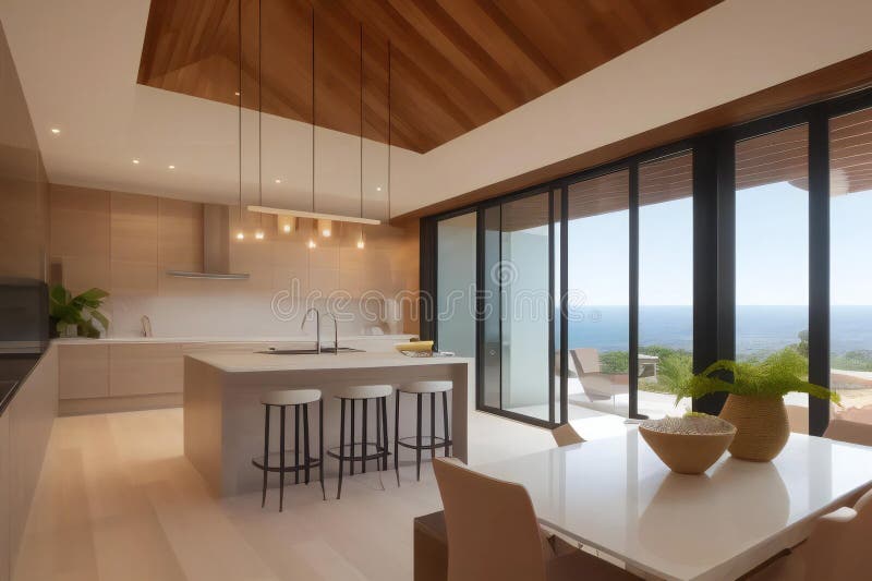 Modern Kitchen Interior with Ocean View, Featuring Clean Lines ...